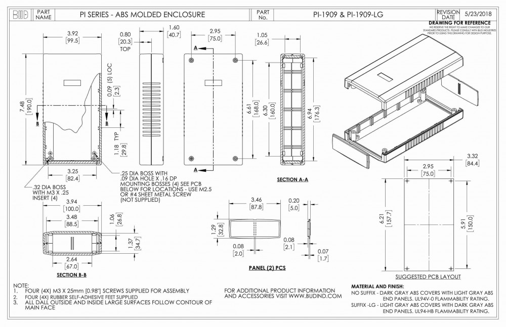 Bud Industries PI-1909-LG technical drawing sheet