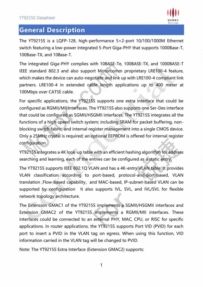 Motorcomm YT9215S datasheet page 2