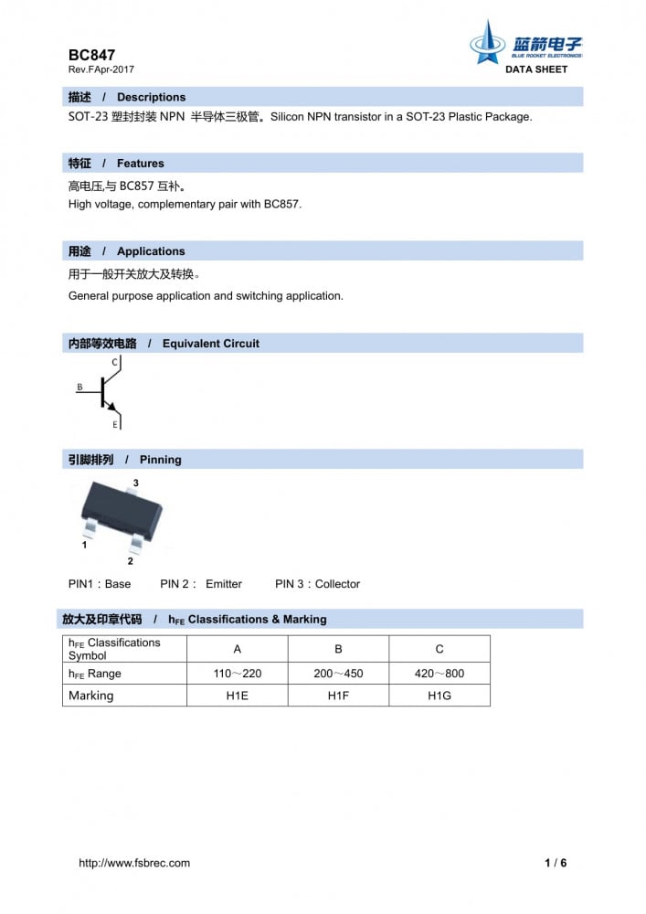 BLUE ROCKET BC847 datasheet page 1