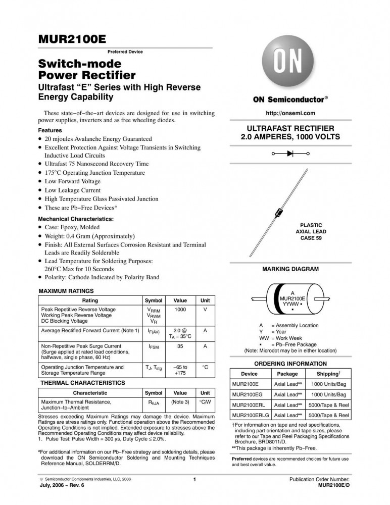 MUR2100ERLG datasheet page 1