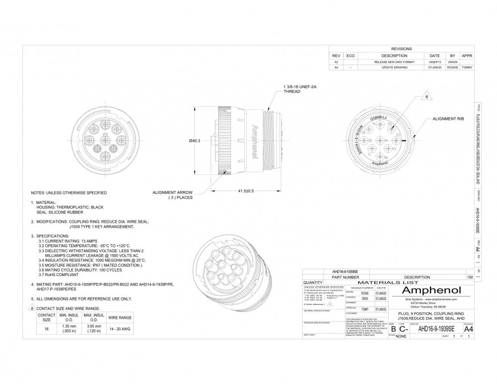 Amphenol AHD16-9-1939SE technical drawing page 1