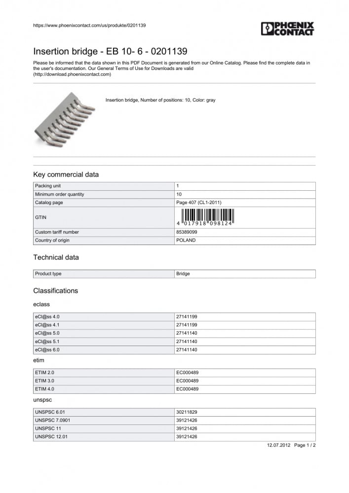 Phoenix Contact EB 10-6 0201139 technical document page 1
