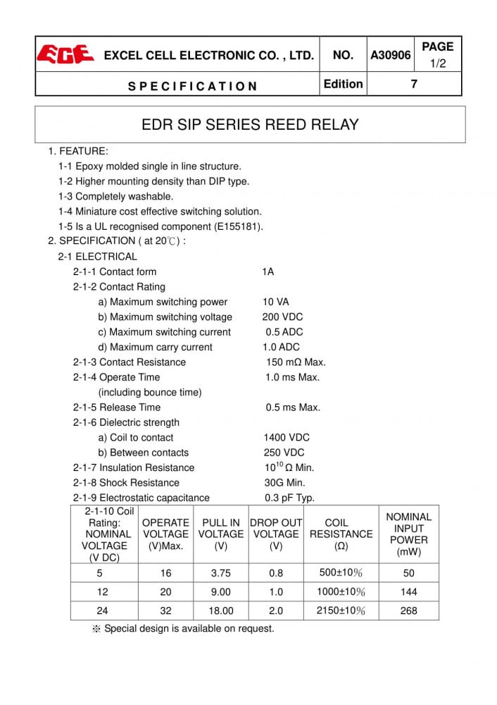 ECE EDR SIP series specification page 1