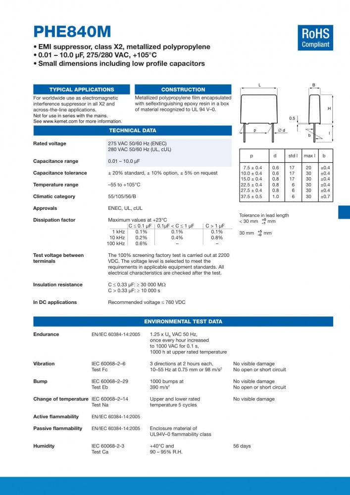 KEMET PHE840 series technical document page 1