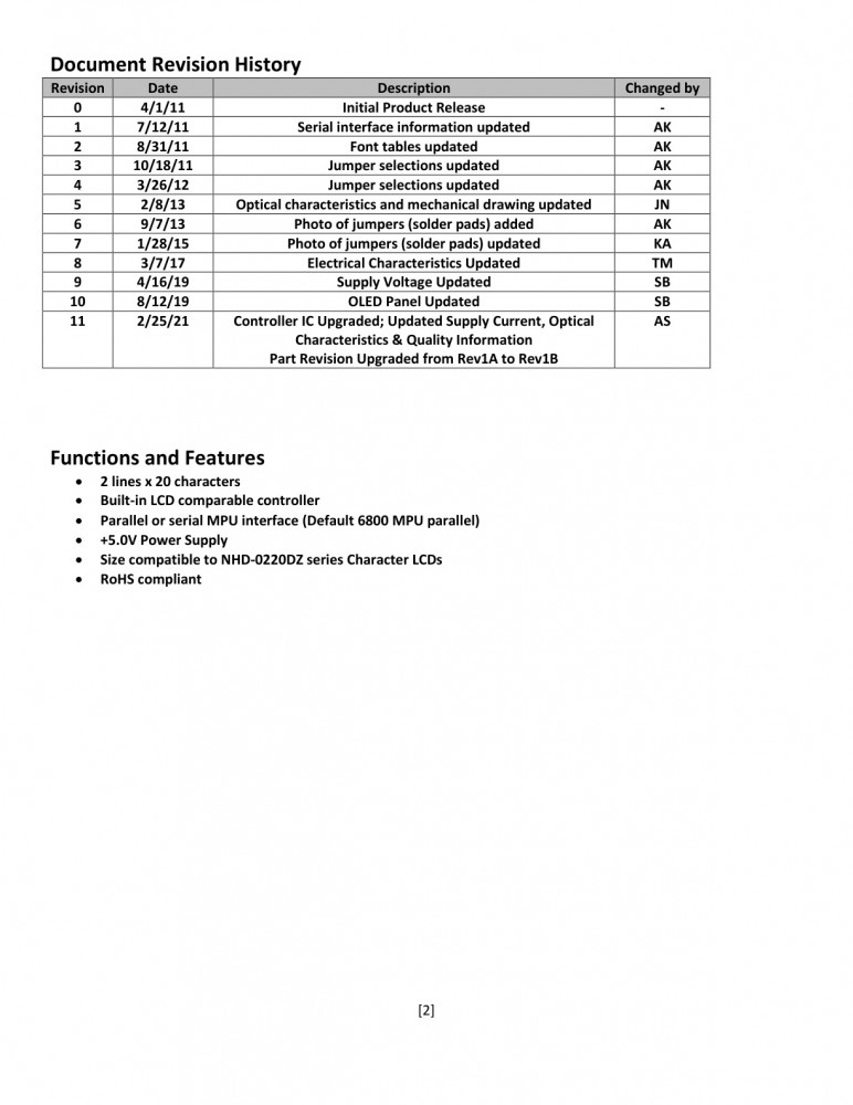 NHD-0220DZW-AY5 technical document page 2