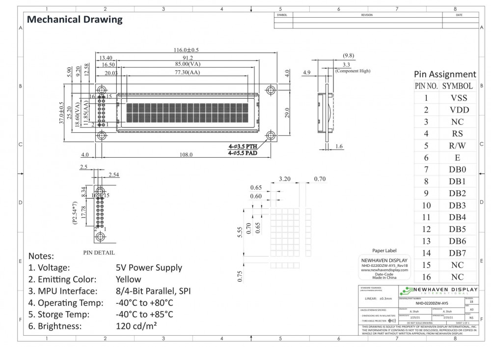 NHD-0220DZW-AY5 technical document page 3