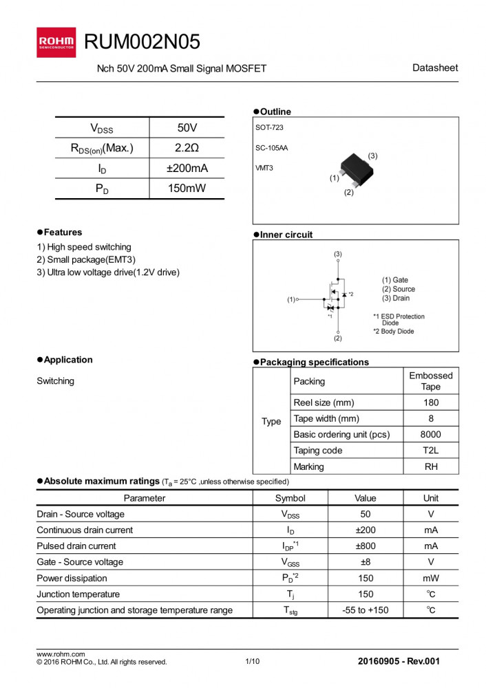 RUM002N05T2L datasheet page 1