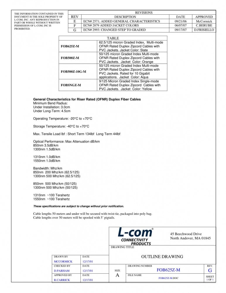 L-com FOB series fiber cable technical document