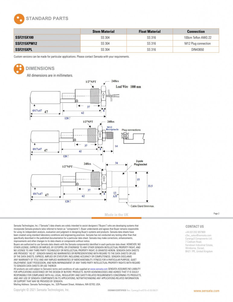 SSF215X100 technical specifications and dimensions