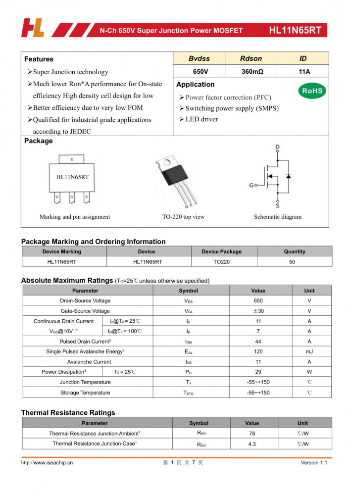 11N65RT datasheet page 1