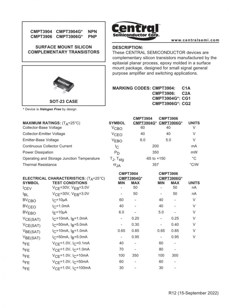 Central CMPT3904G datasheet page 1