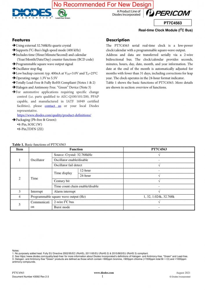 PT7C4563 datasheet page 1
