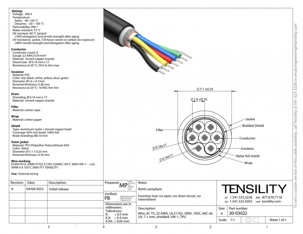 Tensility International 30-03022 cable product drawing