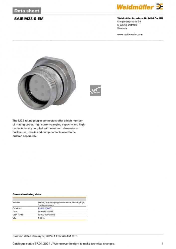 WEIDMULLER 1169970000 technical document page 1