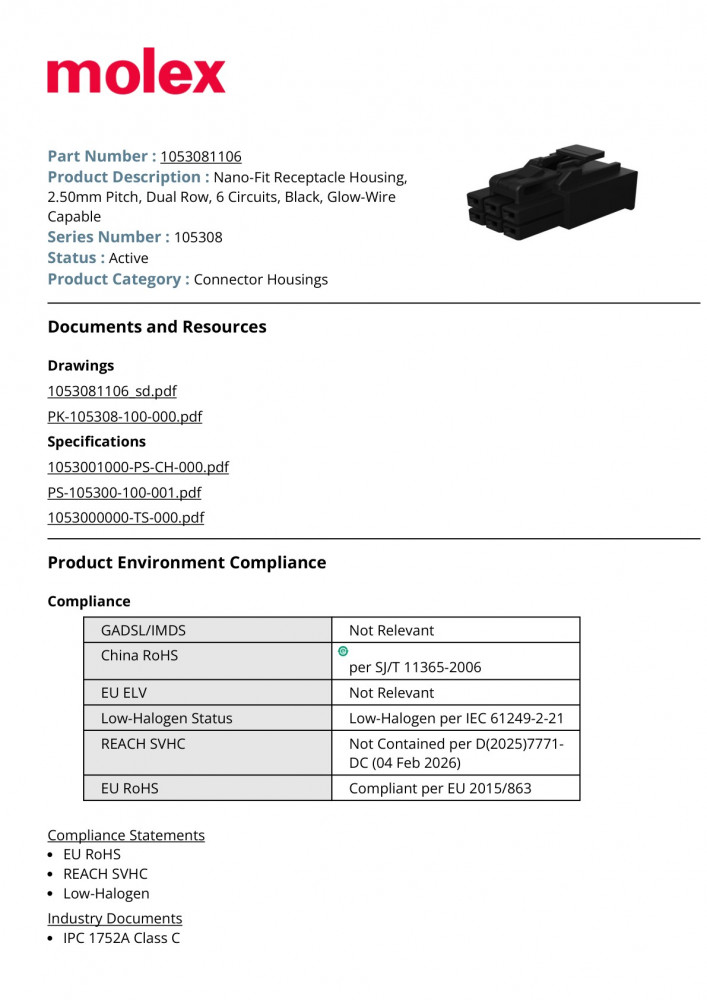 MOLEX Nano-Fit product specification, page 1