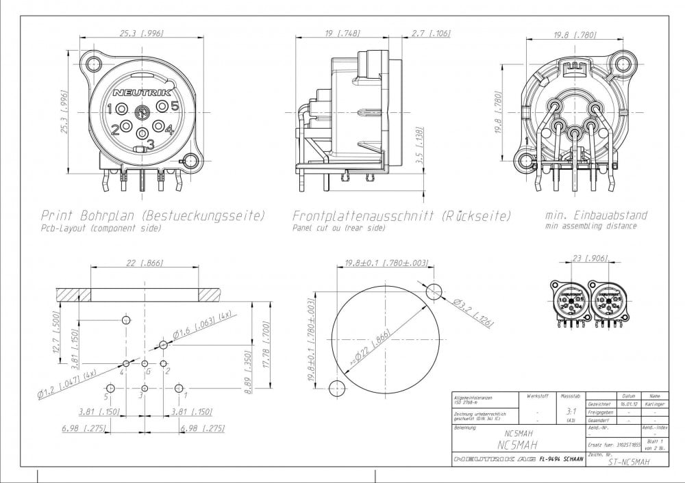 Neutrik NC5MAH PCB layout drawing