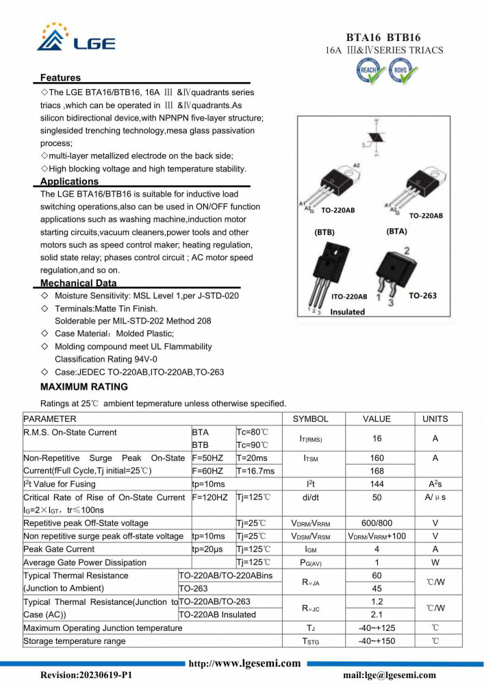 BTA16-800BW-LGE datasheet page 1