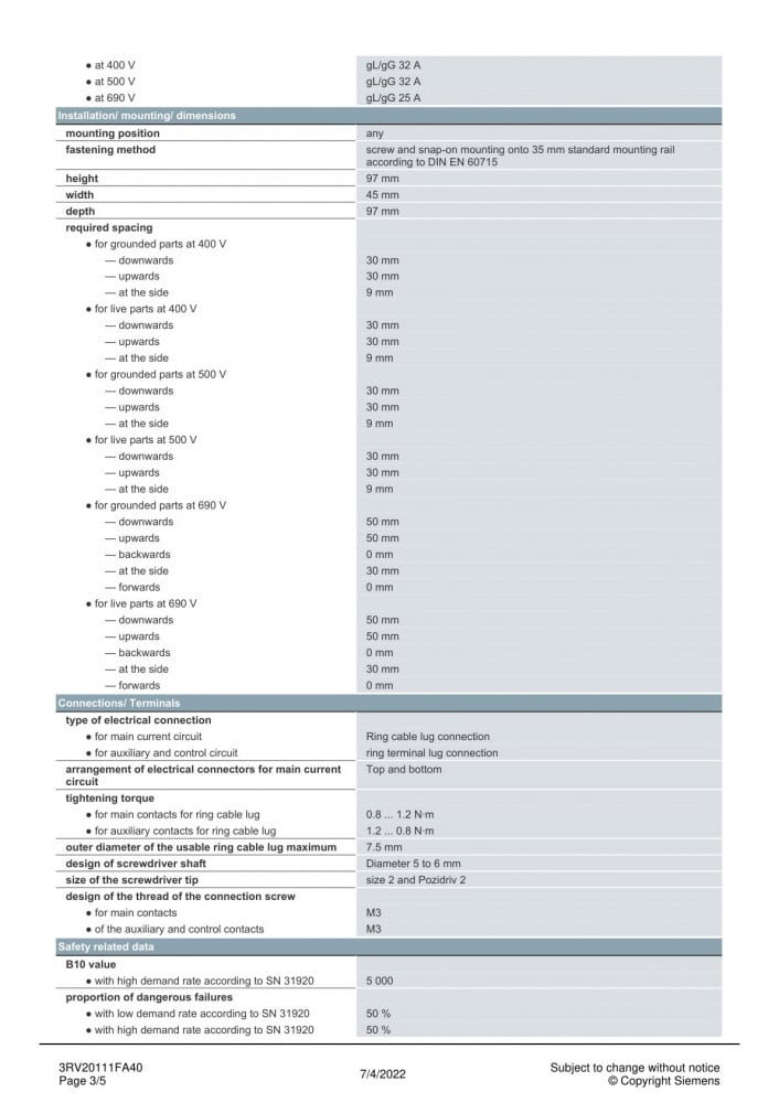 3RV20111FA40 datasheet page 3