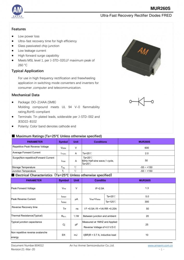 MUR260S datasheet page 1
