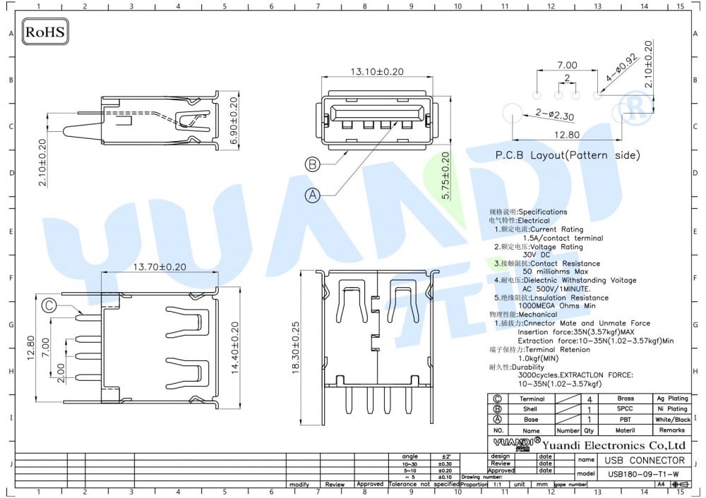 Yuandi USB180-09-T1-W technical drawing and specifications