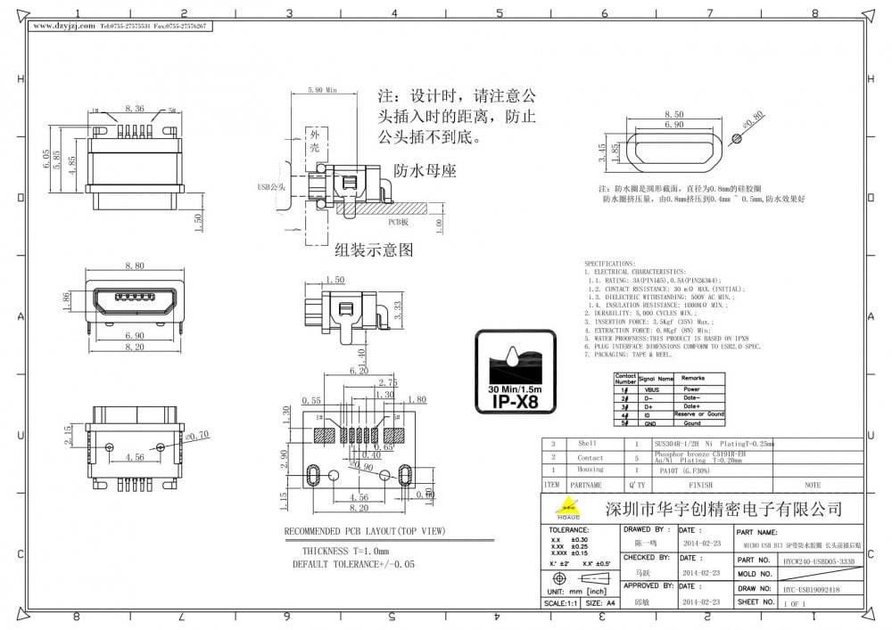 HOAUC HYCW240-USBD05-333B technical drawing page 1