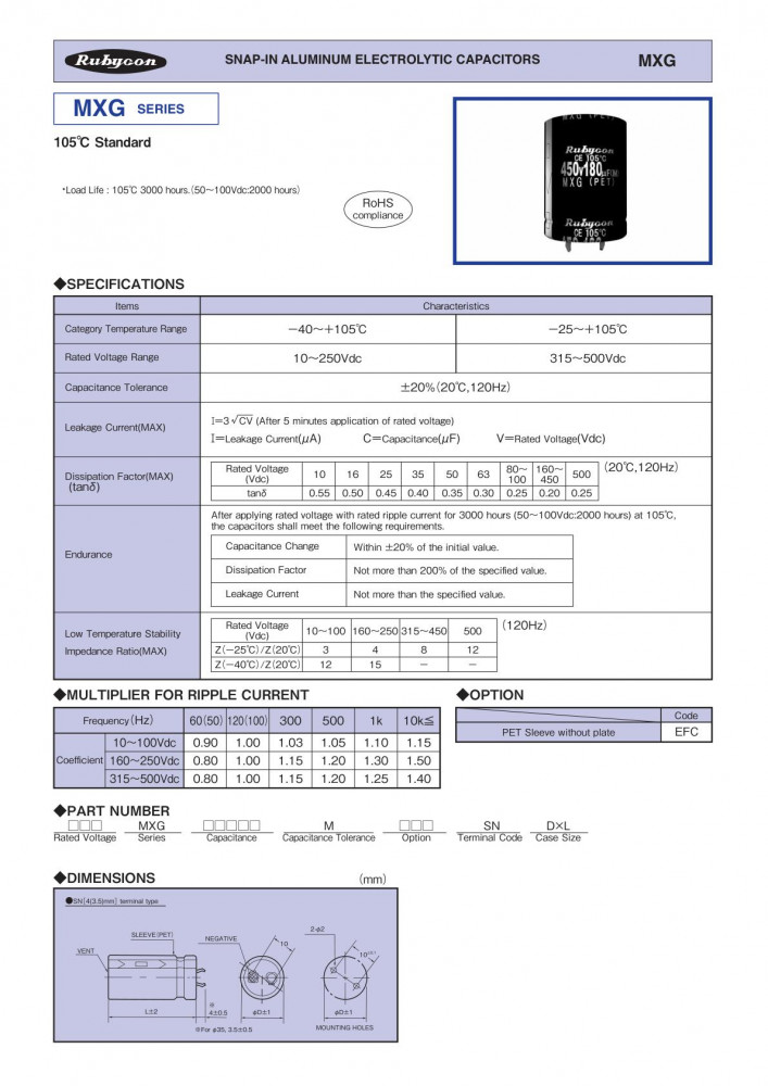 Rubycon MXG datasheet page 1