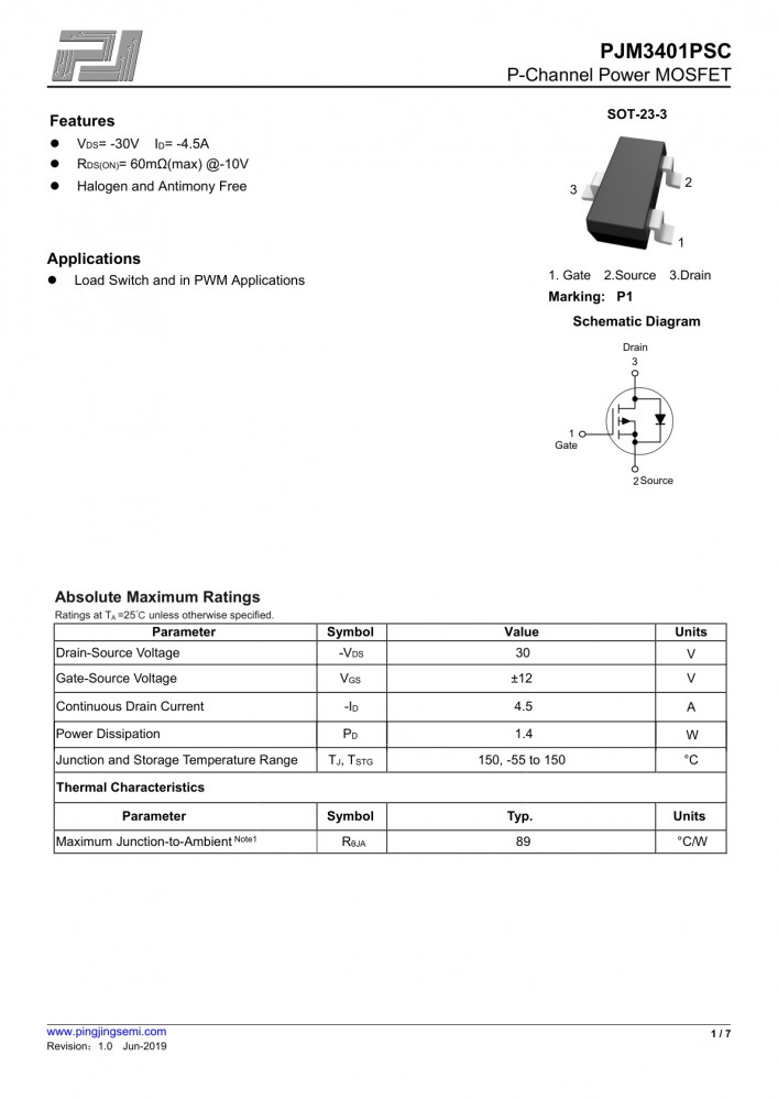 PJM3401PSC datasheet page 1
