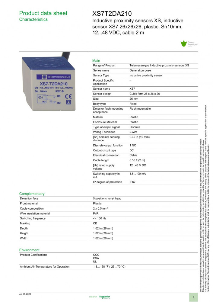 XS7T2DA210 technical document page 1