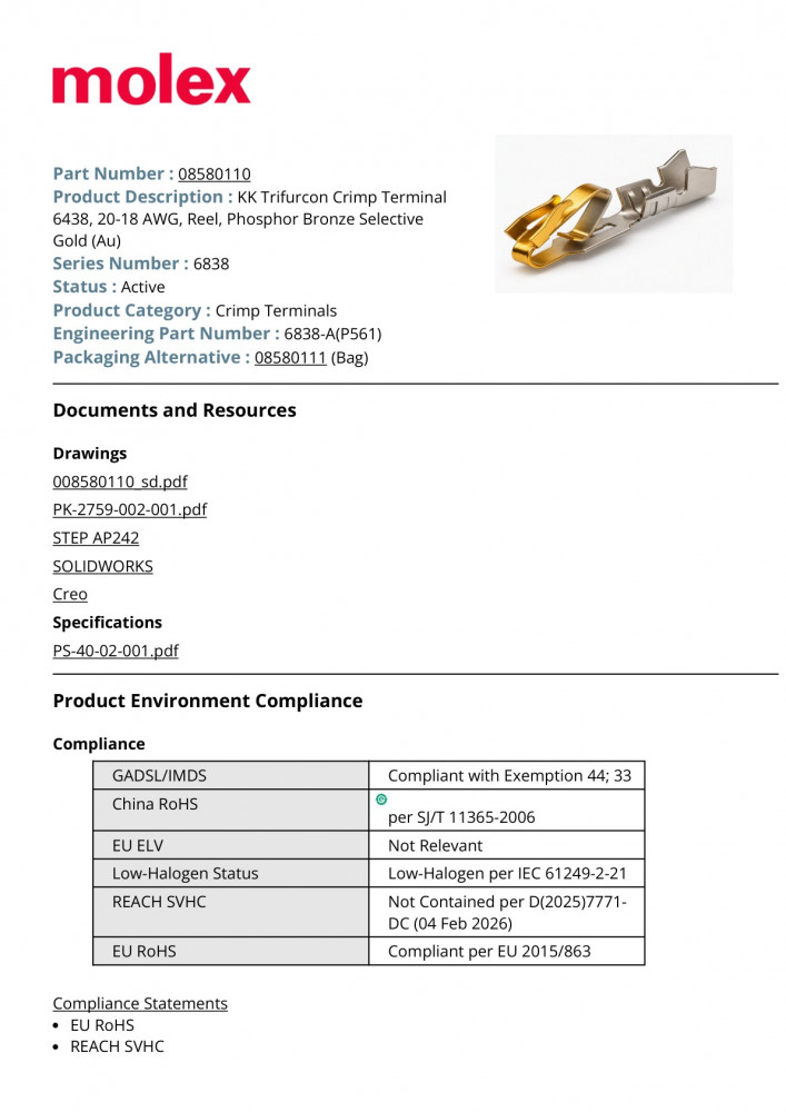 Molex Trifurcon connector product specification page 1