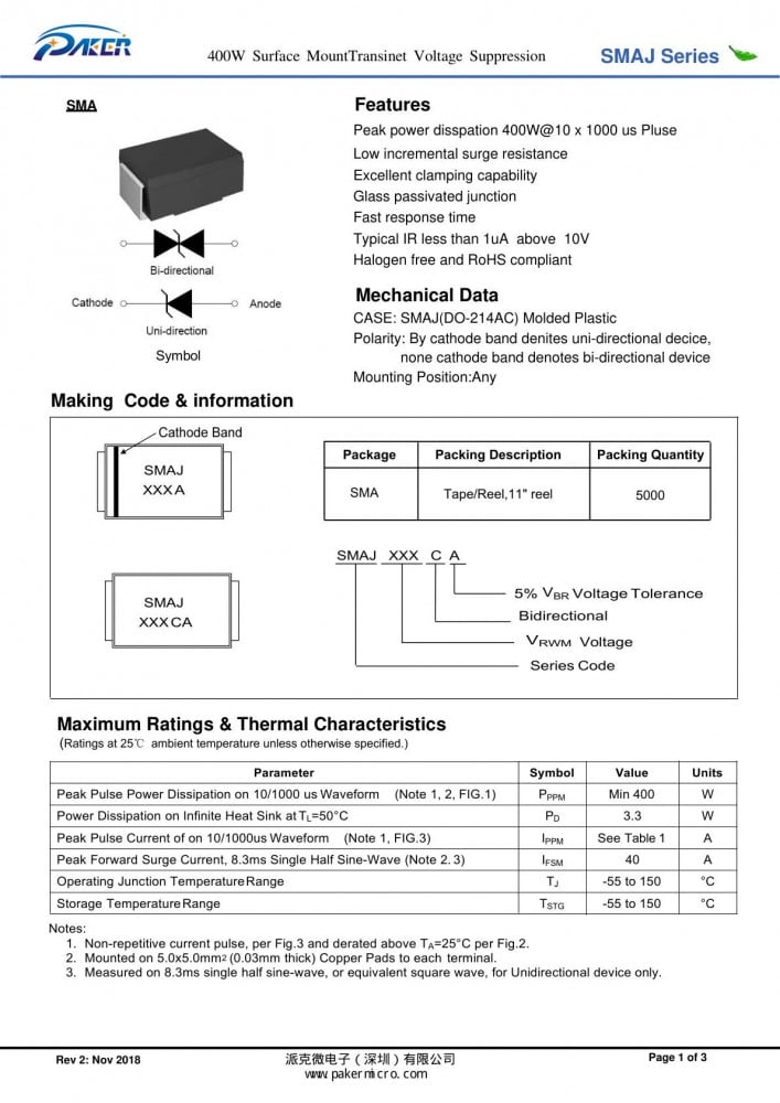 PAKER SMAJ TVS diode datasheet page 1