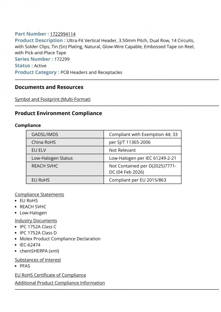 Technical document preview page 1 for MOLEX 1722994114