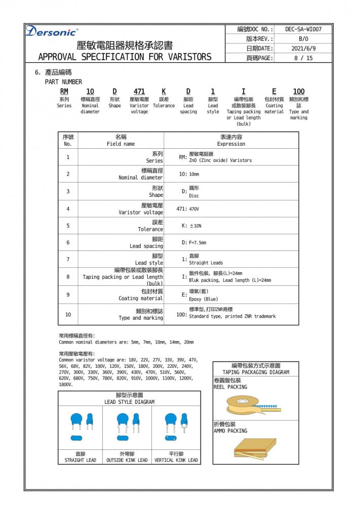 Dersonic varistor specification page 9