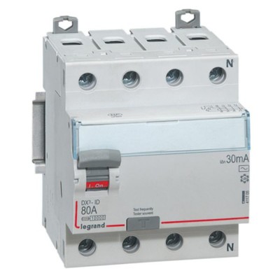 RCD DX³-ID - 4P 400V~ neutral right-hand side - 80A RCCB - 30mA sensitivity - AC type DIN rail IP20 for sale