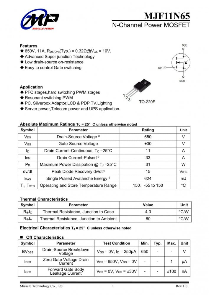 MJF11N65 datasheet page 1