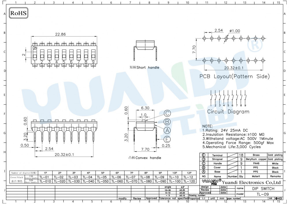 YUANDI TL-09 technical drawing and PCB layout