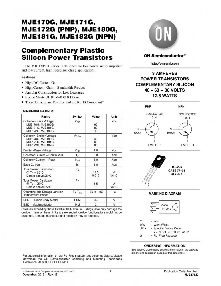 MJE172G datasheet page 1