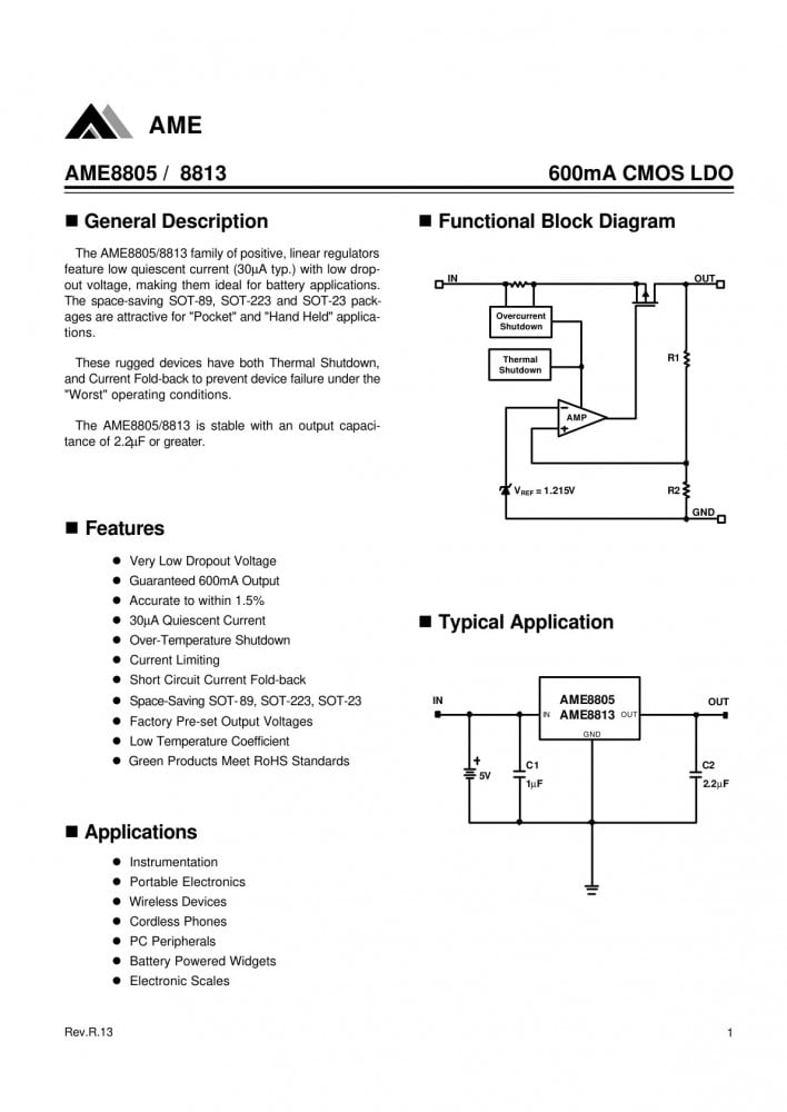 AME8805AEFTZ datasheet page 1