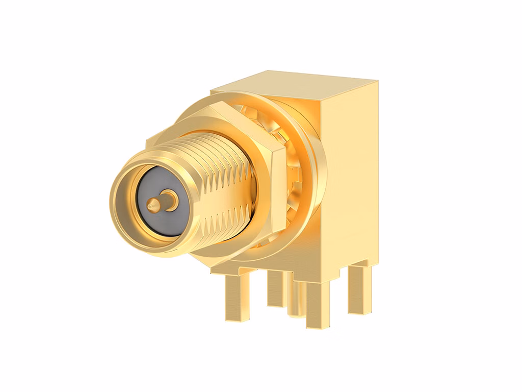 SMA Jack, Straight, 2-Hole Flange Mount, Round Post, Brass Body, Gold (Au) Plated, Tray, 50 Ohms