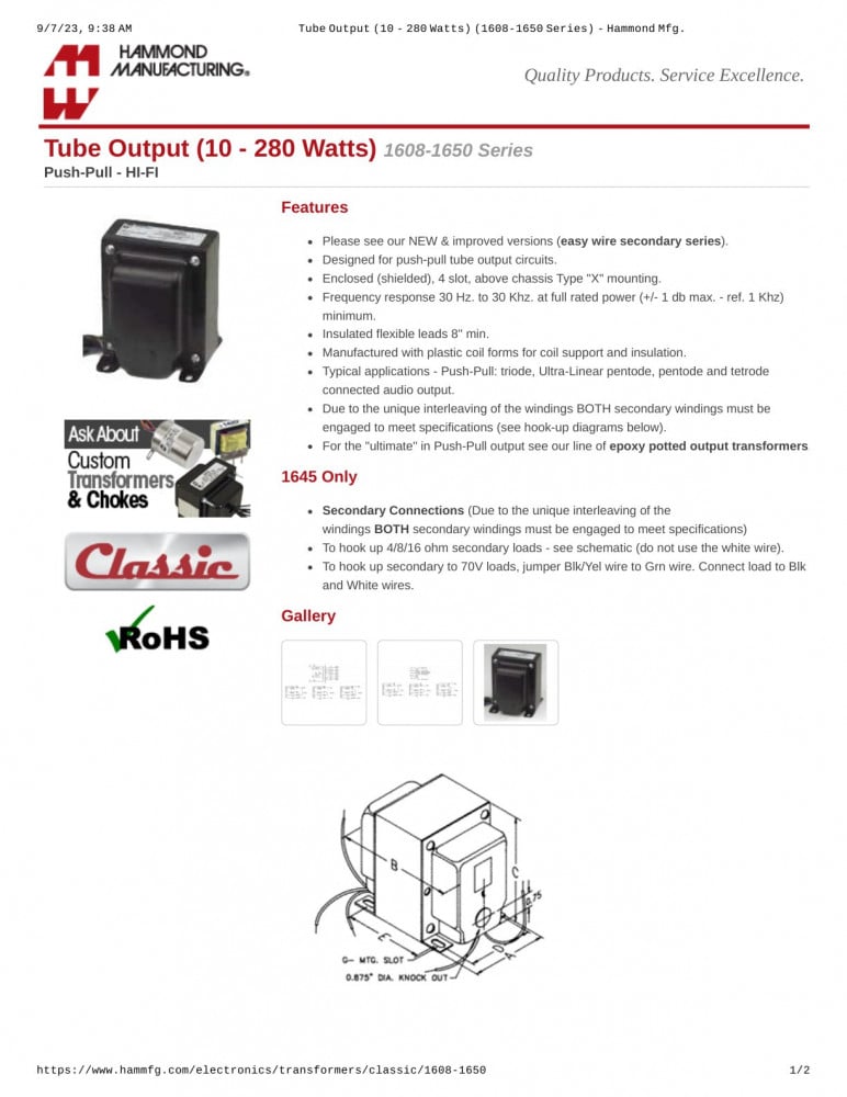Hammond 1650K technical document page 1