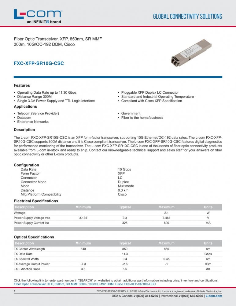 FXC-XFP-SR10G-CSC datasheet page 1