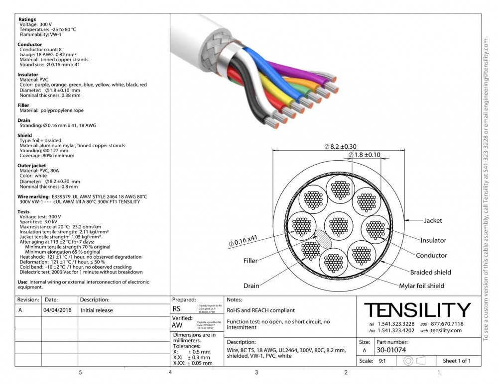 Tensility International 30-01074 cable specification drawing