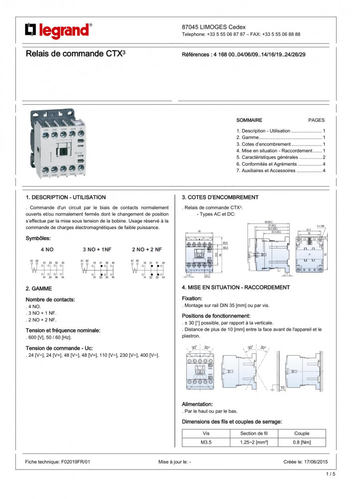 Legrand CTX³ control relay datasheet page 1