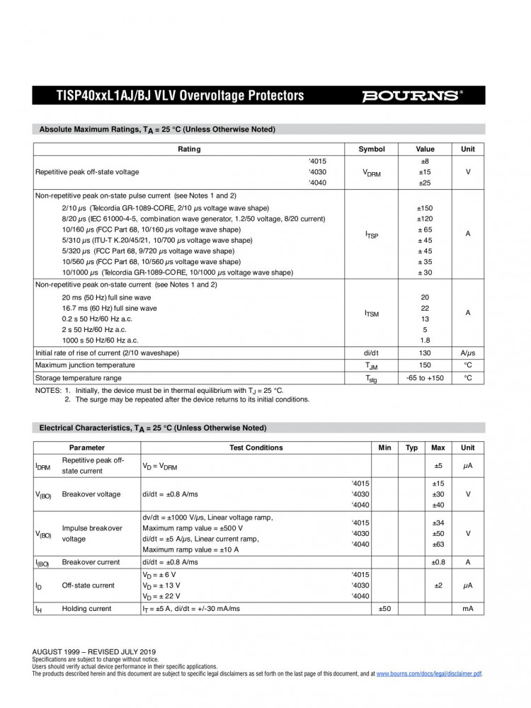 TISP4040L1AJR-S datasheet page 2