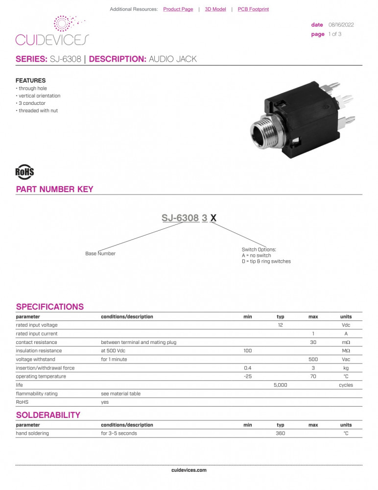 CUI SJ-63083D datasheet page 1