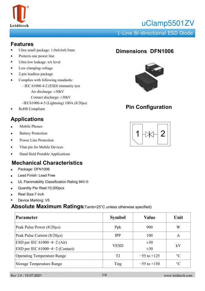 uClamp5501ZV datasheet page 1