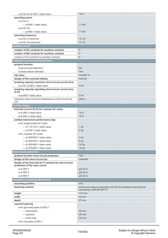 3RV20234AA20 technical document page 2