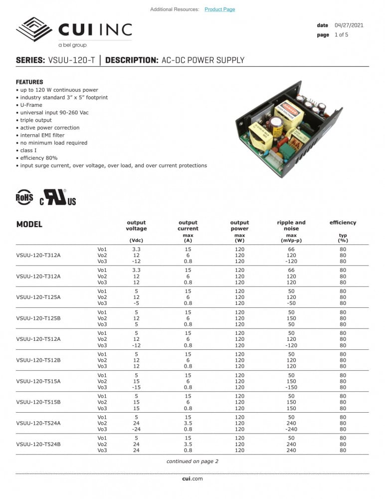 CUI VSUU-120-T515B datasheet page 1