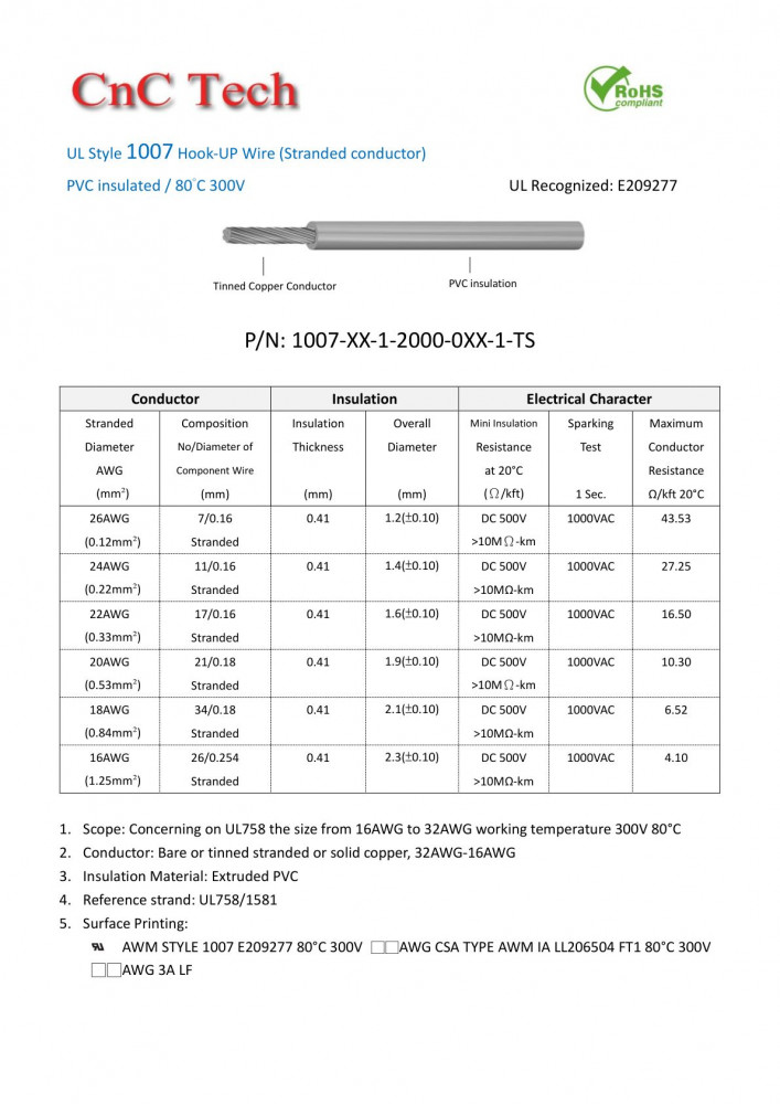 CNC Tech UL Style 1007 hook-up wire specification page 1