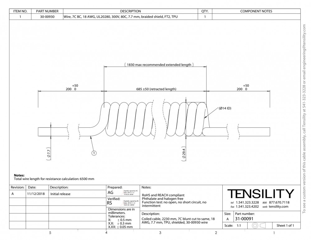Tensility International 31-00091 cable assembly drawing