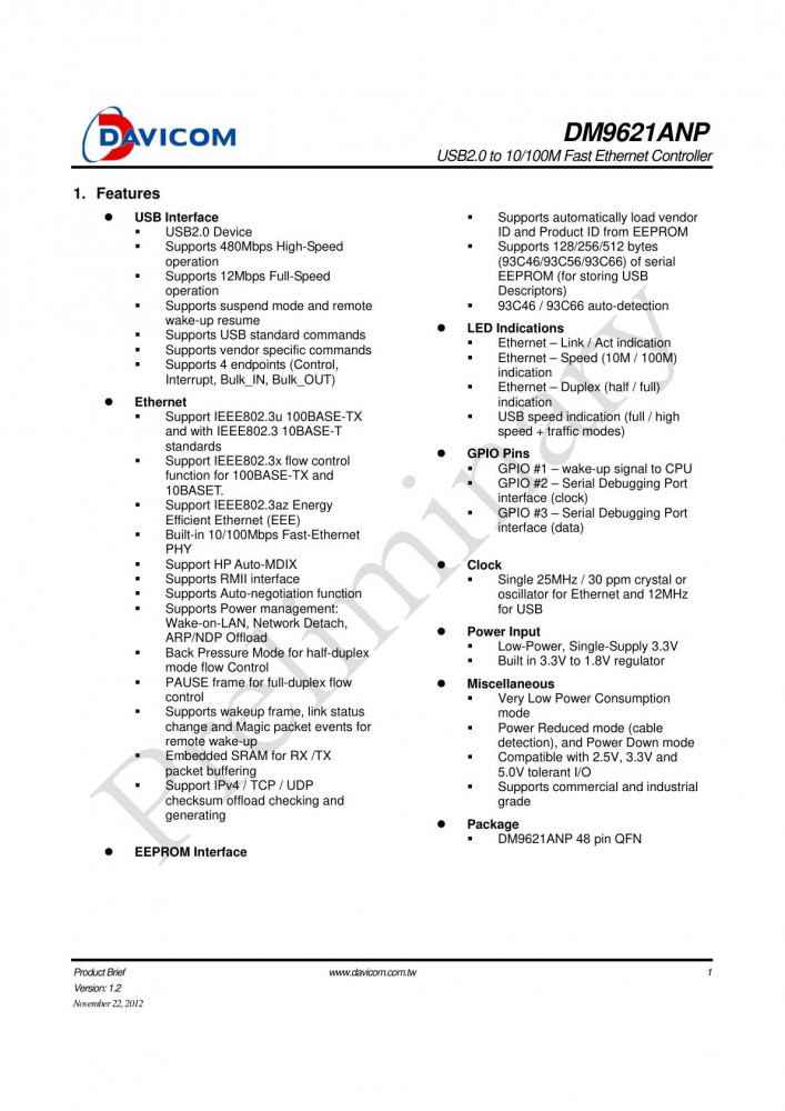 DM9621ANP technical document page 1